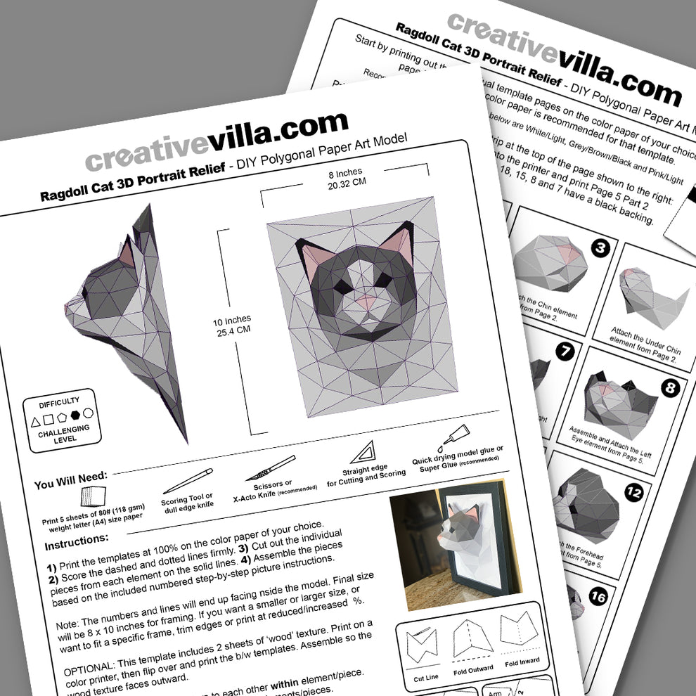 Ragdoll Cat 3D Portrait Wall Sculpture DIY Low Poly Paper Model Templa ...